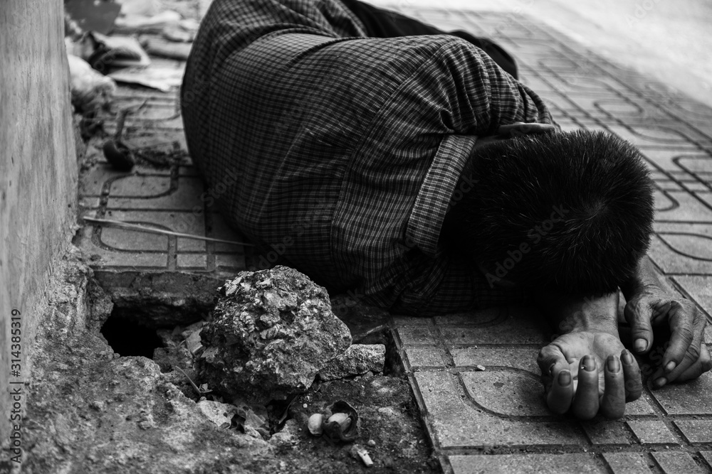 poor old man beggar begging you for help sitting at dirty slum. concept ...