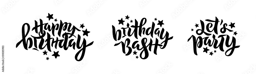 Set of phrases: Happy Birthday, Birthday Bash, Let's Party. Vector ...