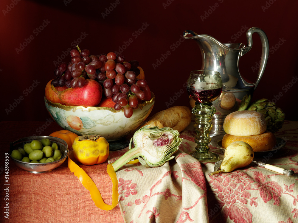Dutch still life with fruits, cheese and artichokes Stock Photo | Adobe ...