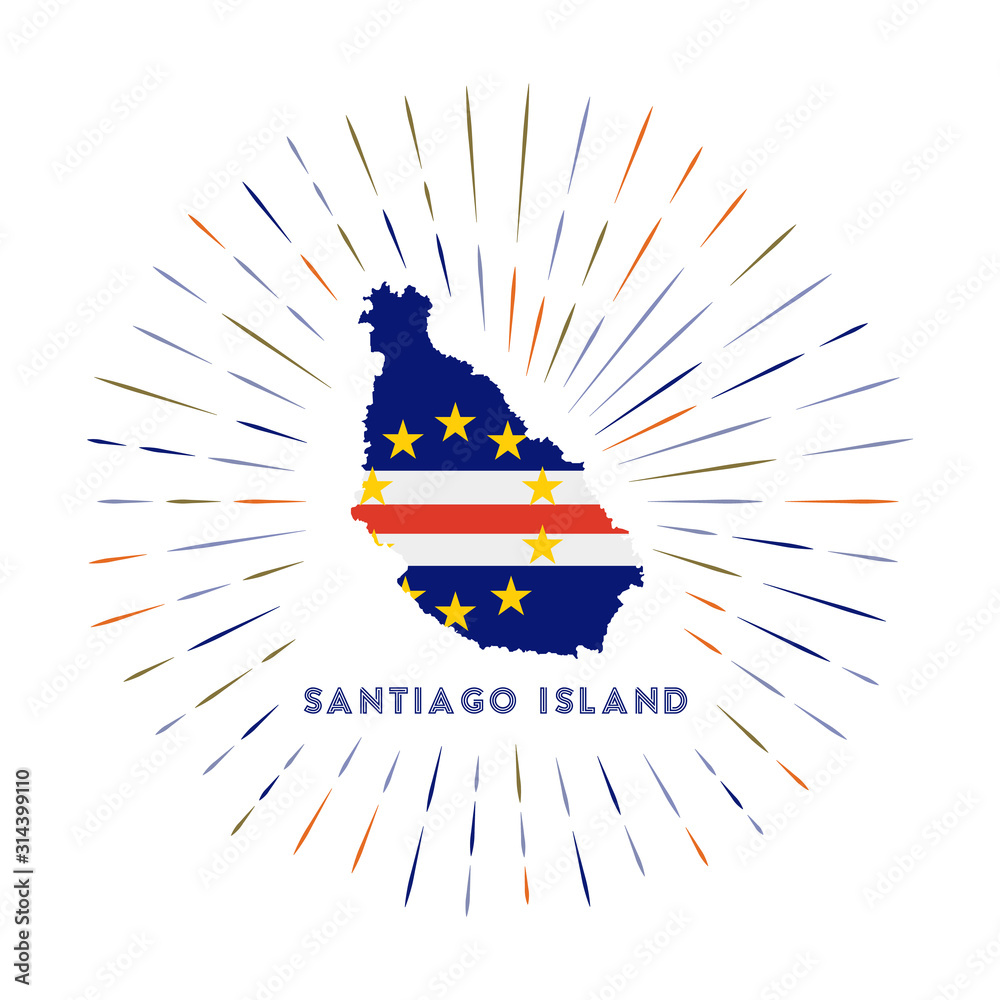 Santiago Island sunburst badge. The island sign with map of Santiago ...