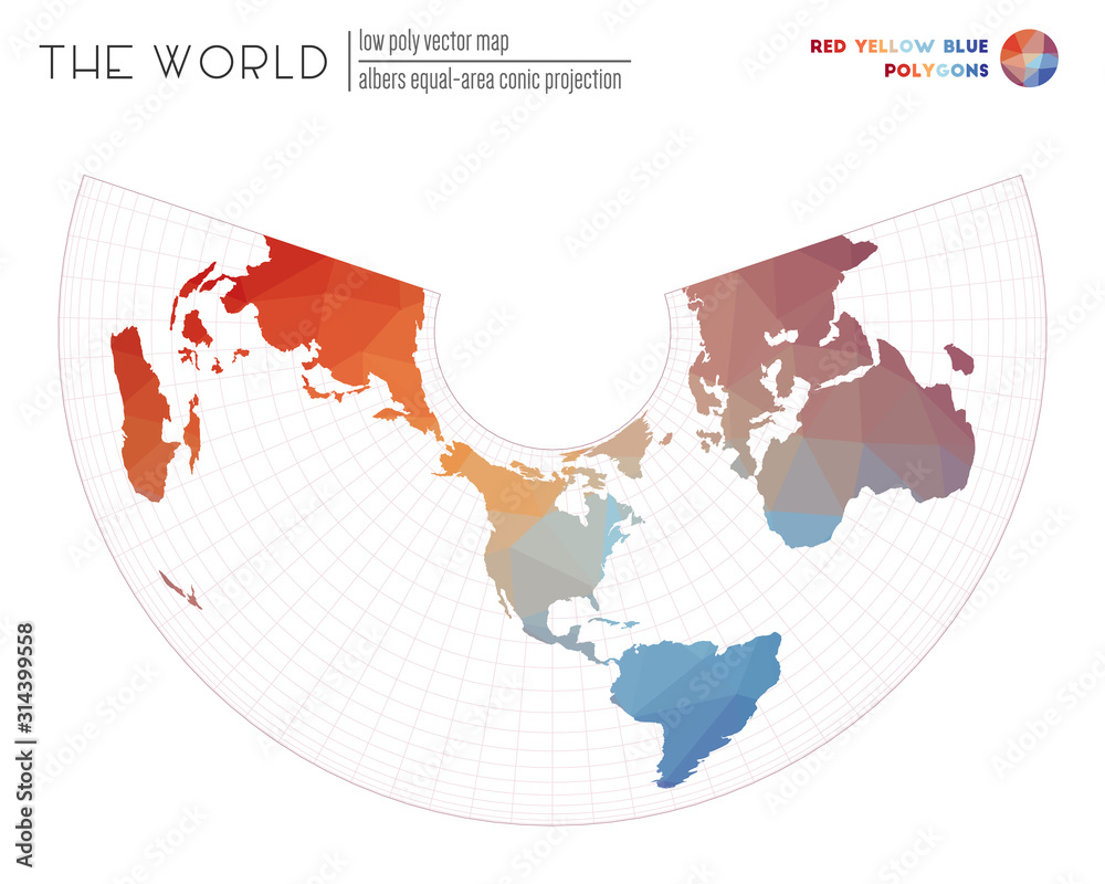 World map with vibrant triangles. Albers equal-area conic projection of ...