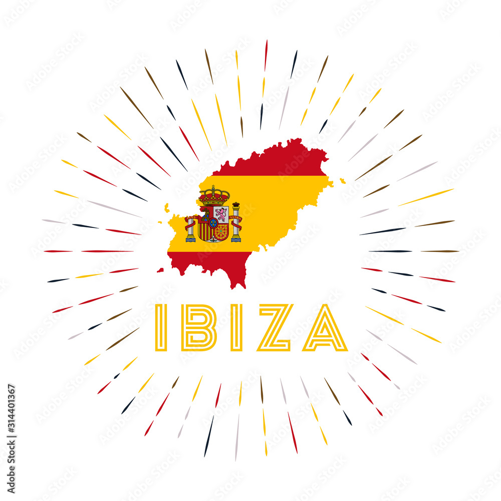 Ibiza sunburst badge. The island sign with map of Ibiza with Spanish ...