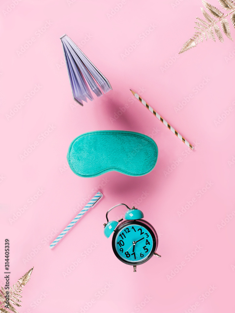 Sleep optimization concept on trendy pink background. Beauty sleeping ...