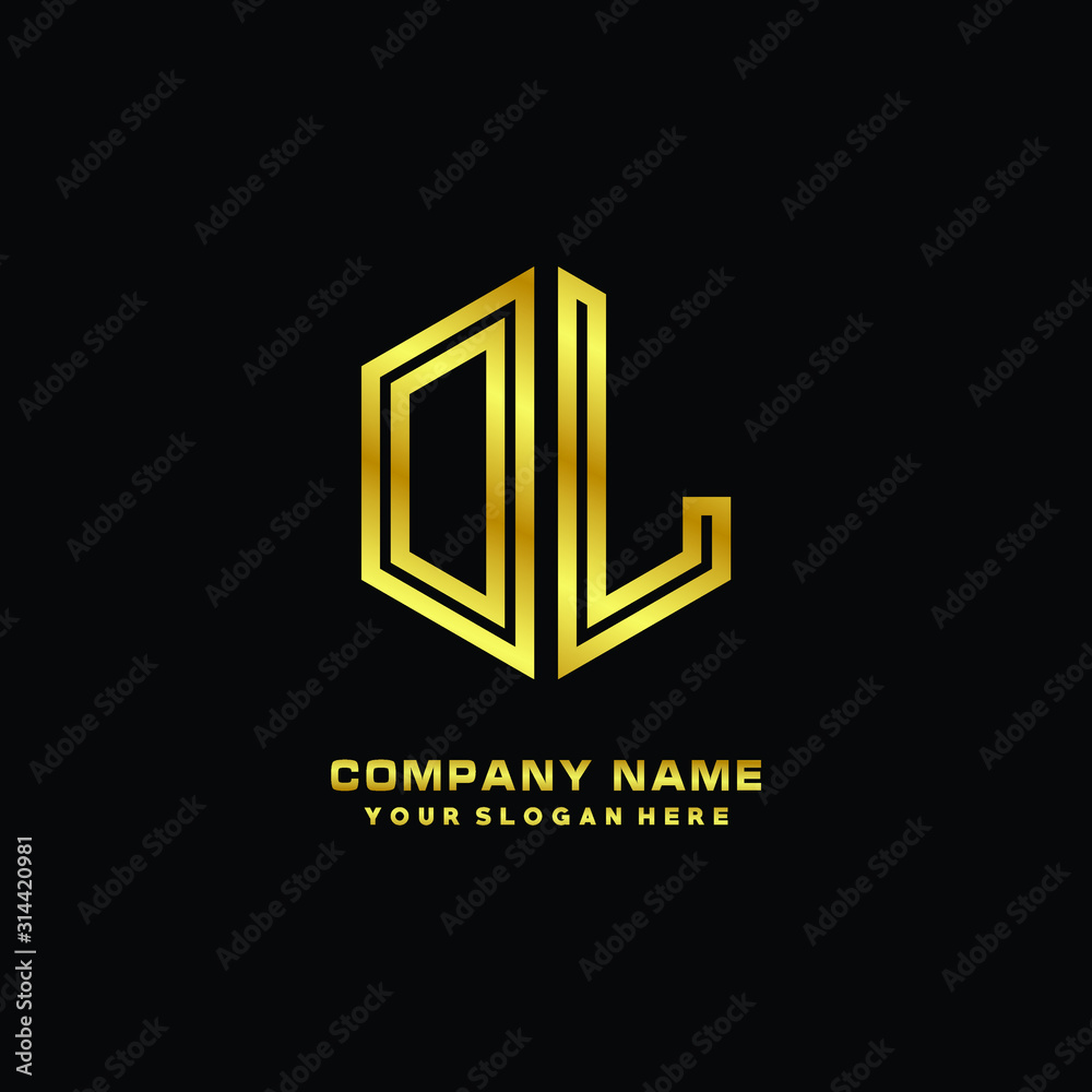 Initial letter OL, minimalist line art monogram hexagon logo, gold ...