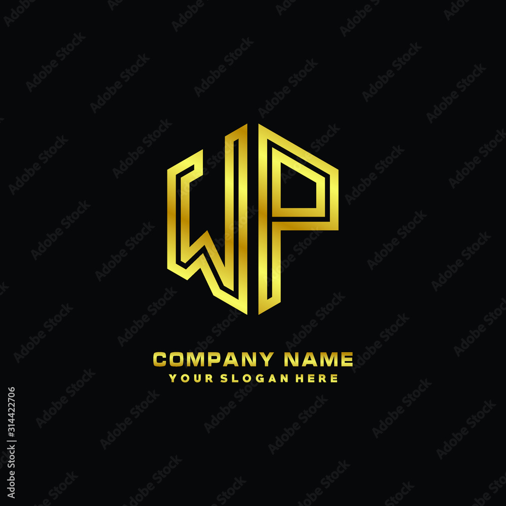 Initial letter WP, minimalist line art monogram hexagon logo, gold ...