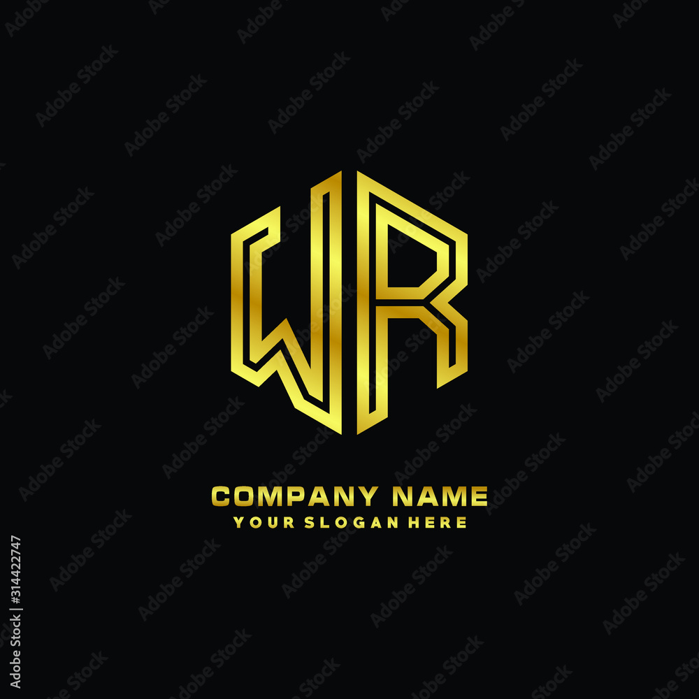 Initial letter WR, minimalist line art monogram hexagon logo, gold ...