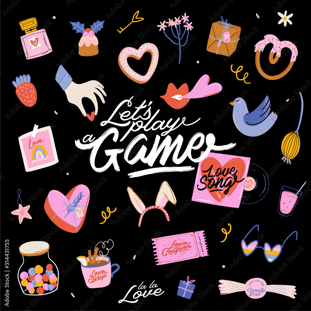 Beautiful love print with Valentines day elements. Romantic and cute ...