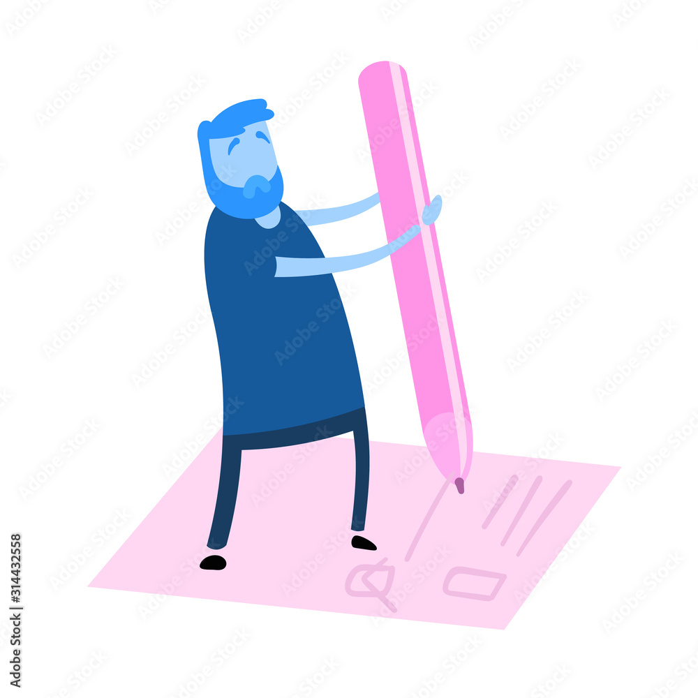 Cartoon man holding big pencil to complete checklist with tick marks ...
