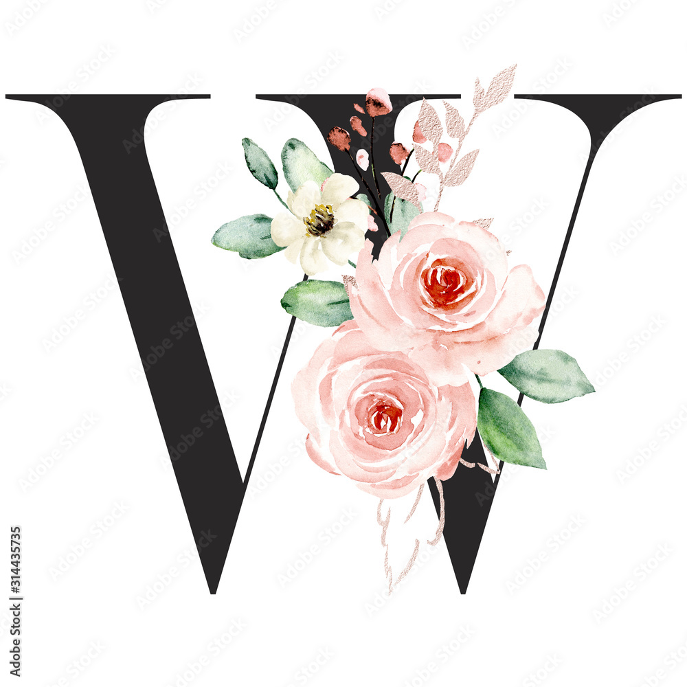 Letter w, alphabet with watercolor flowers roses and leaf. Floral ...