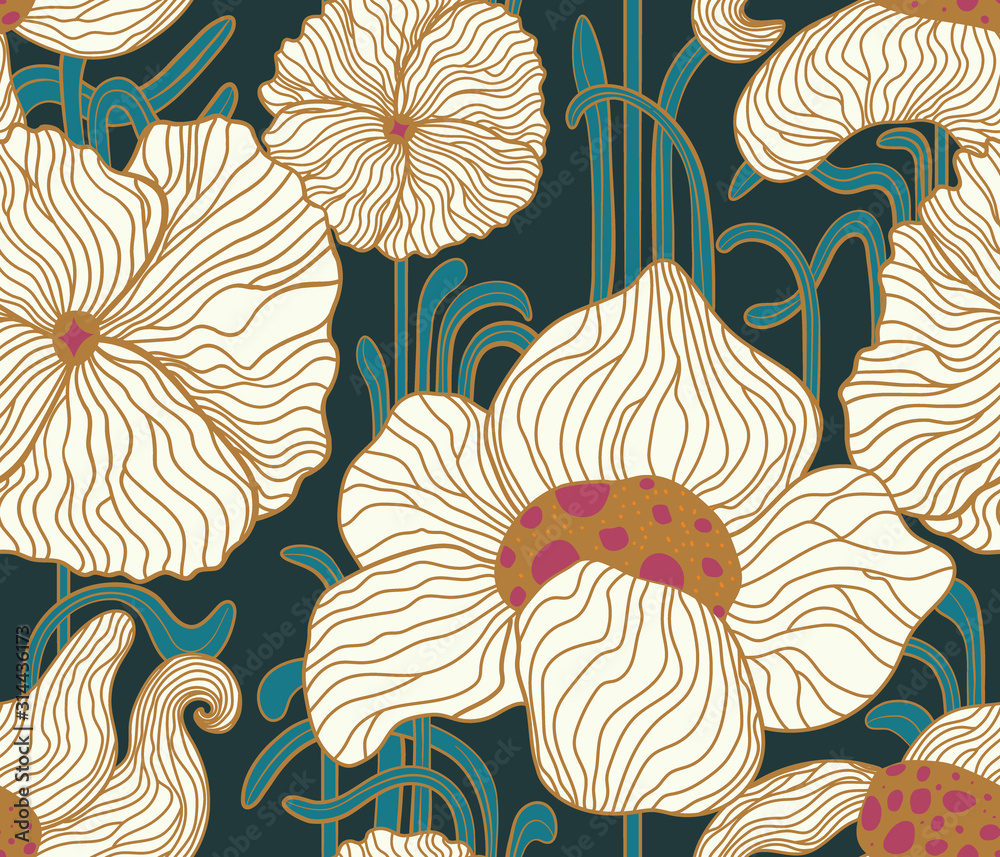 Vector outline stylised elegant flowers seamless pattern in style Art ...