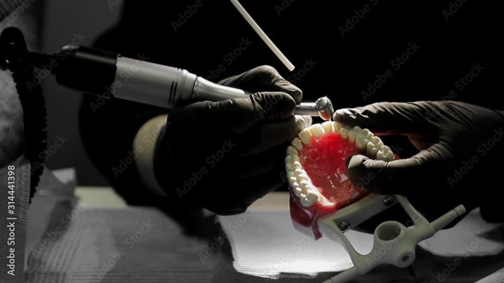 Close-up of a dentist practicing on a mock-up of a skeleton of teeth ...