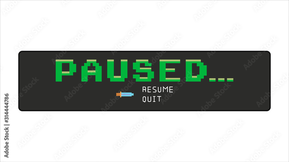 Computer pixel game interface. Pause. 8-bit graphic inscription. Stock ...