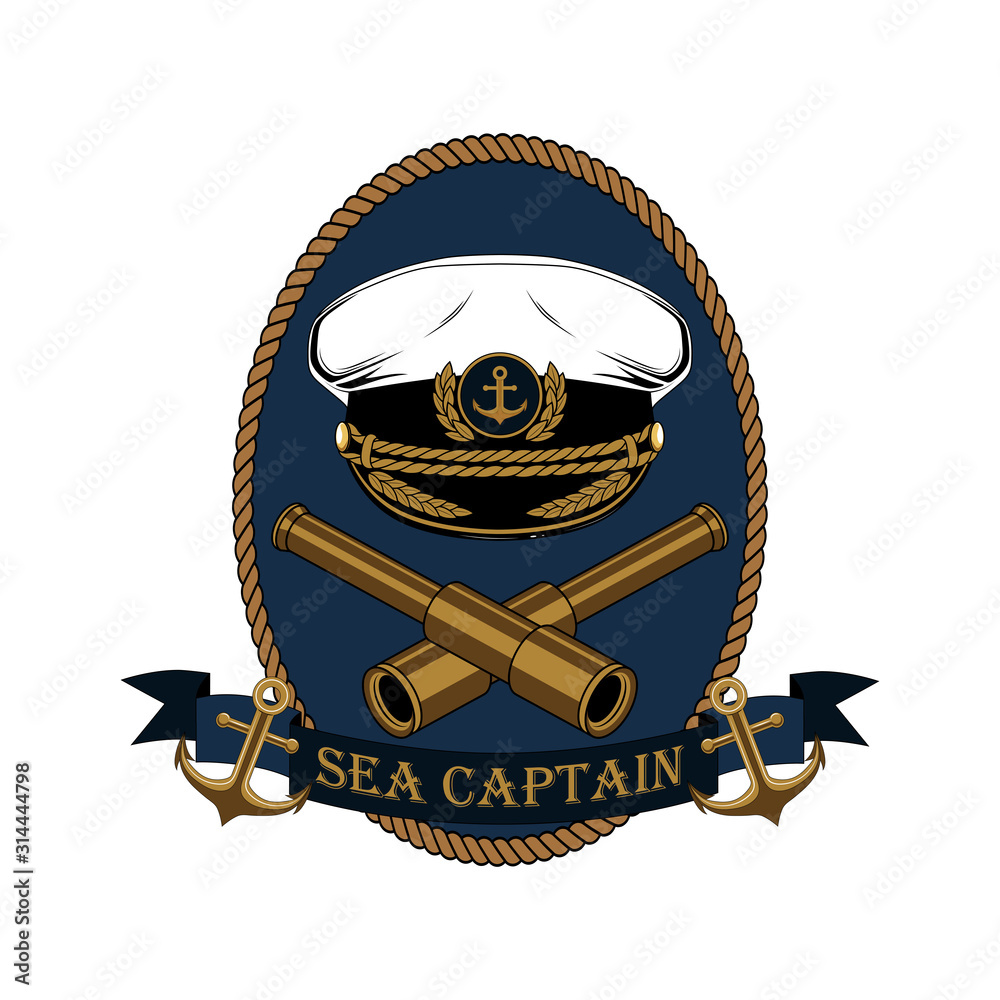 Emblem cap of a sea captain with telescopes, decorated with a frame ...