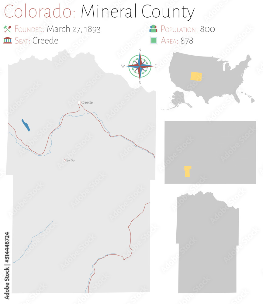 Large and detailed map of Mineral county in Colorado, USA. Stock Vector ...