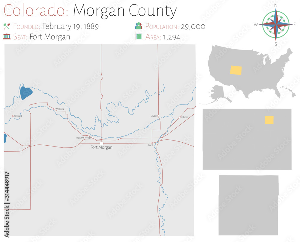 Large and detailed map of Morgan county in Colorado, USA. Stock Vector ...