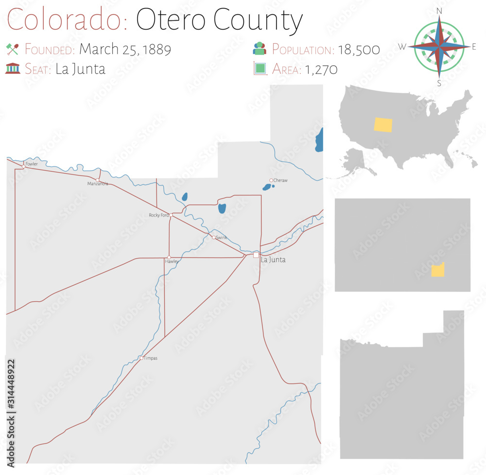 Large and detailed map of Otero county in Colorado, USA. Stock Vector ...