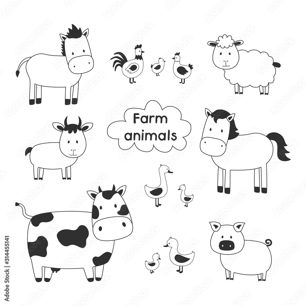 Farm animals set in flat style isolated on white background, vector ...