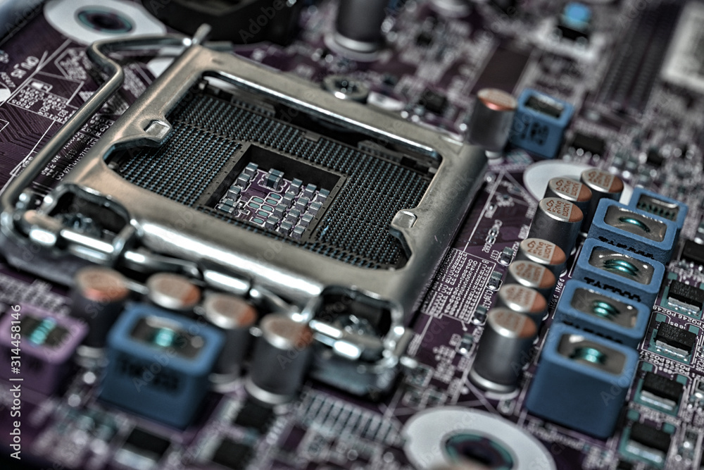Detail of cpu socket on a modern computer motherboard. Electronic small ...
