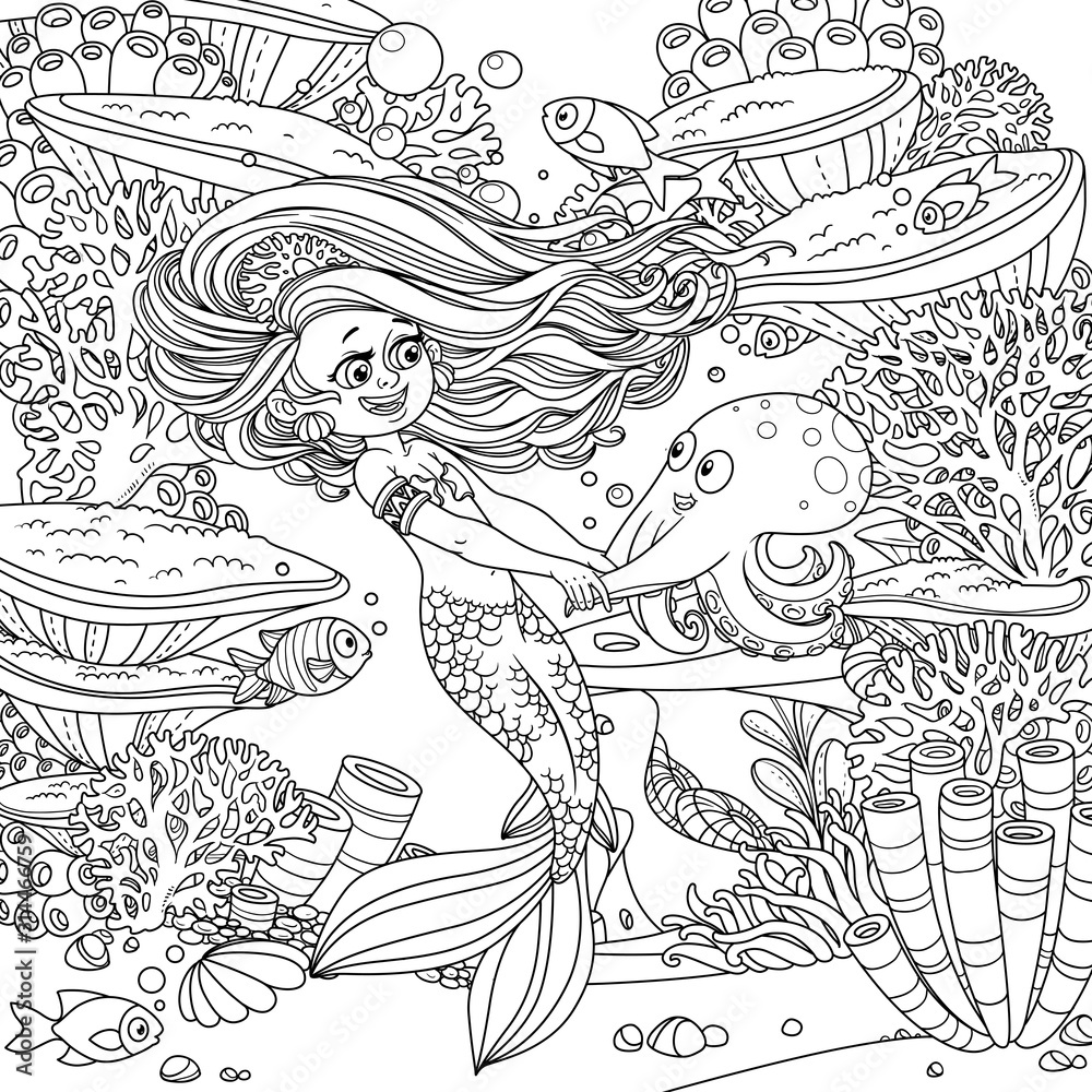 Cartoon little mermaid girl dancing with an octopus on underwater world ...