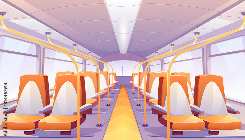 Empty bus interior with orange seats. Vector cartoon passenger cabin of ...