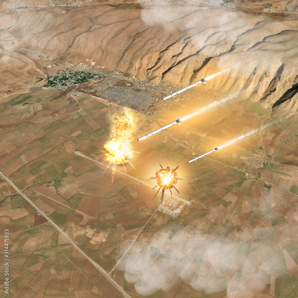Missile attack, Iranian raid on the Harir US base in Iraq. Erbil. 3d ...