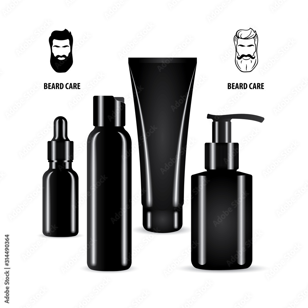 Beard care. Realistic beard care cosmetic bottles and package vector ...