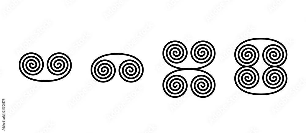 Spiral form ornaments. Two connected linear spirals forming buckle or ...