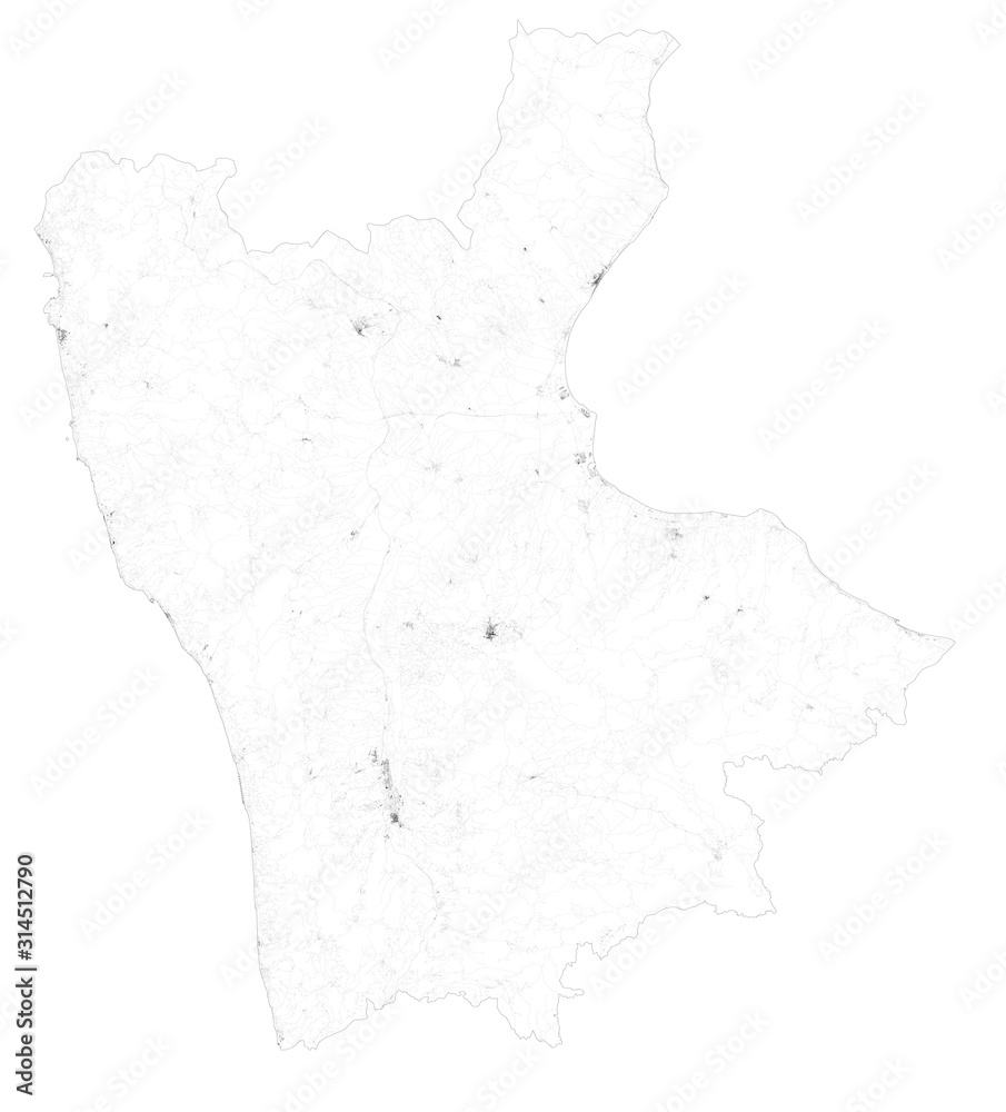 Vecteur Stock Satellite map of Province of Cosenza towns and roads ...