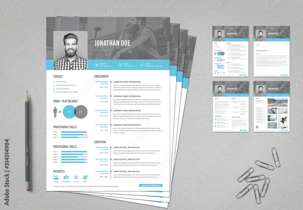 Resume Cover Letter Portfolio Layout with Blue Accents Stock Template ...