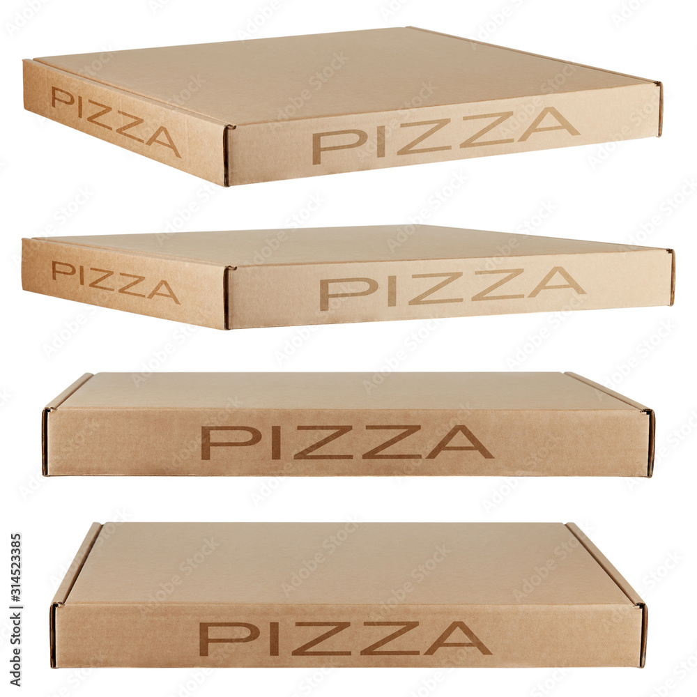Set of four closed cardboard pizza boxes from different angles with the ...