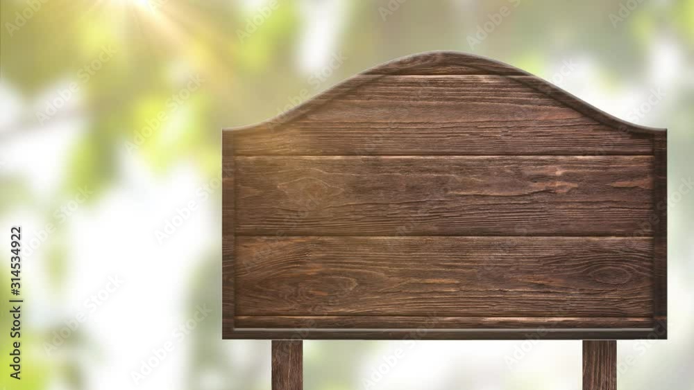 wooden sign pointer on animated background of foliage and sun glare ...