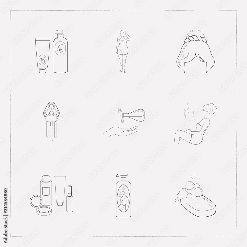 Set of beauty icons line style symbols with body lotion, face ...