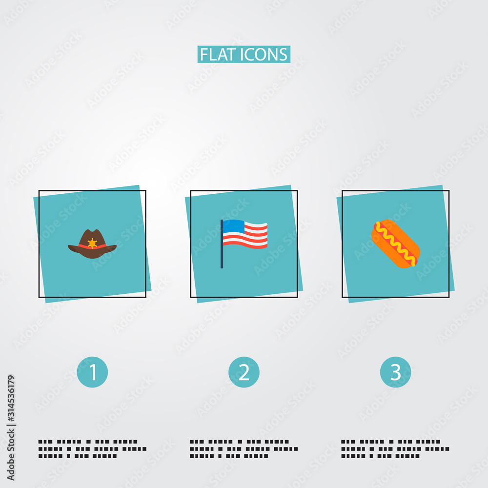Set of america icons flat style symbols with flag, sheriff hat, hot dog ...