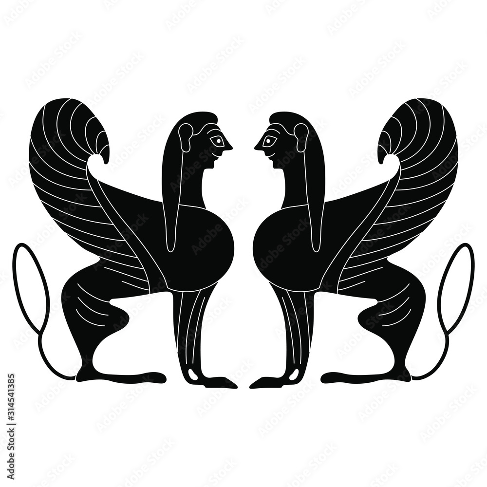 Symmetrical vintage decor with two funny antique sphinx. Black and ...