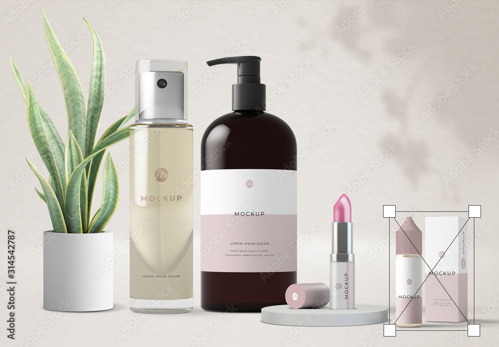 Cosmetic Products and Plants Mockup Stock Template | Adobe Stock