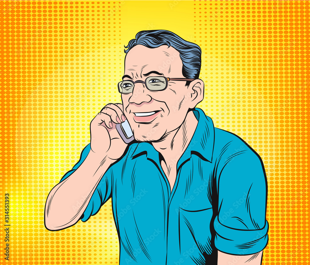 Men are in a good mood with talking on a mobile phone.Pop art vector ...