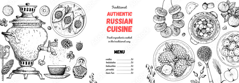 Russian cuisine top view frame. Food menu design elements. Traditional ...