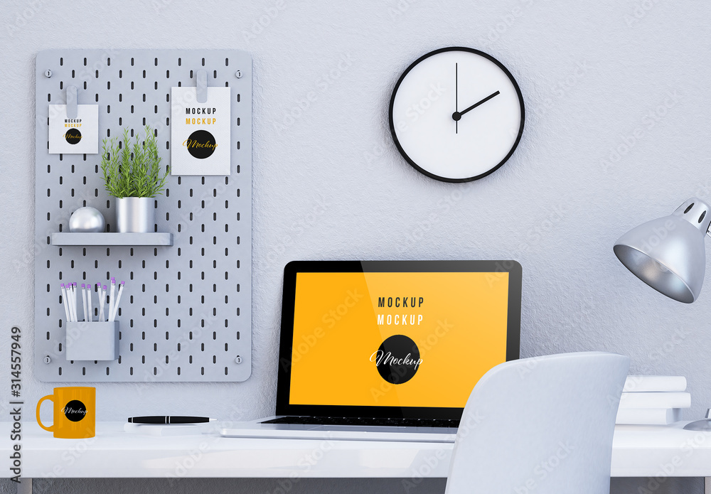 Desktop Computer on a Desk with a Pegboard Mockup Stock Template ...