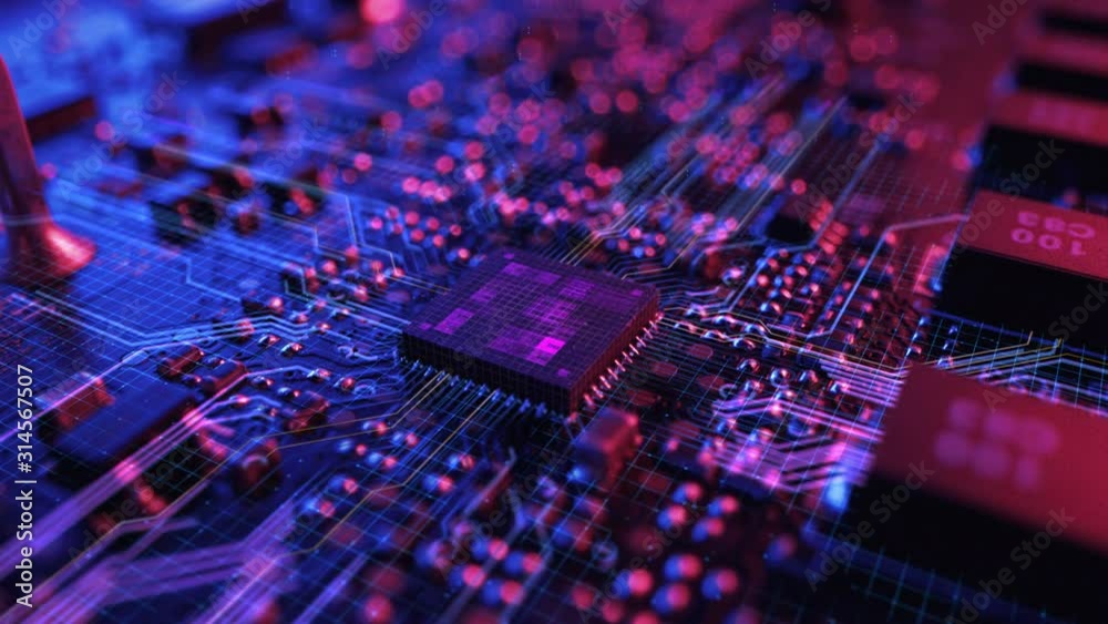 Neon Theme Visualization of Circuit Board CPU Processor Starting Digitalization Process and ...