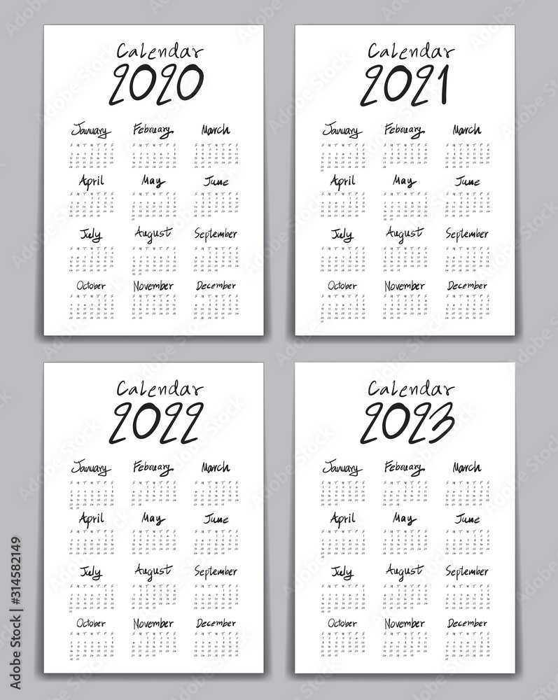 Calendar 2020, 2021, 2022, 2023, template, Lettering calendar, hand ...