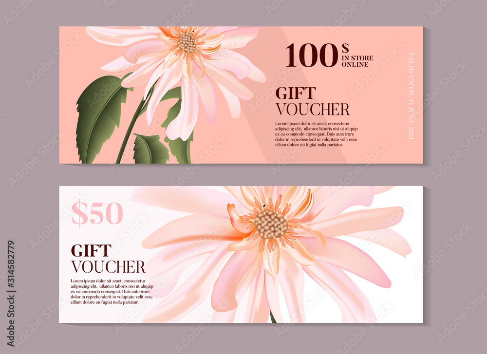 Elegant magnolia flower gift voucher template in vector. Hand-drawn ...