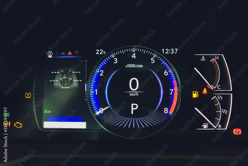 Modern car speedometer of the luxury car. Speedometer and tachometer ...