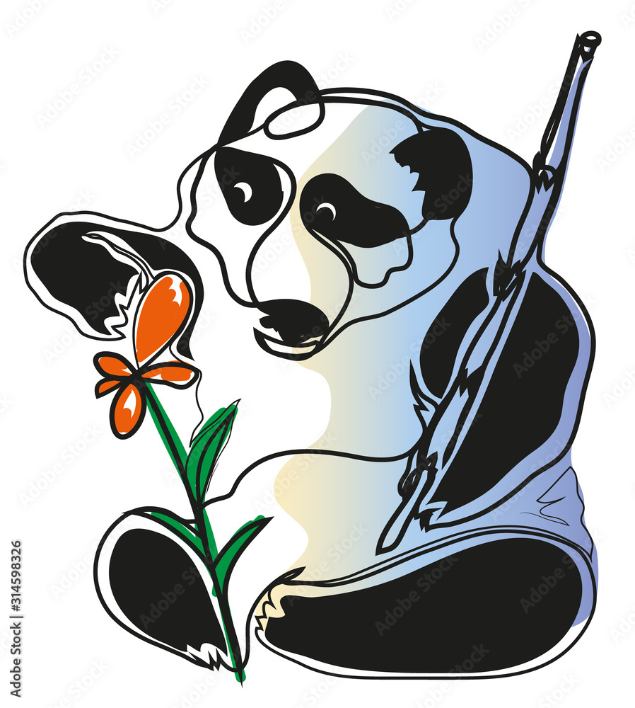 One continuous line drawing of cute panda and orange flower. Simple ...