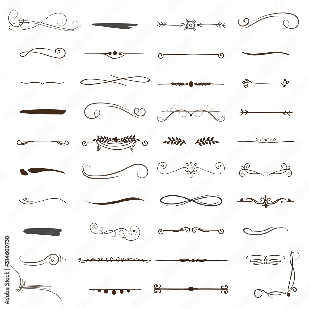 Set of hand draw borders made with brush and ink. Unique swirls and ...