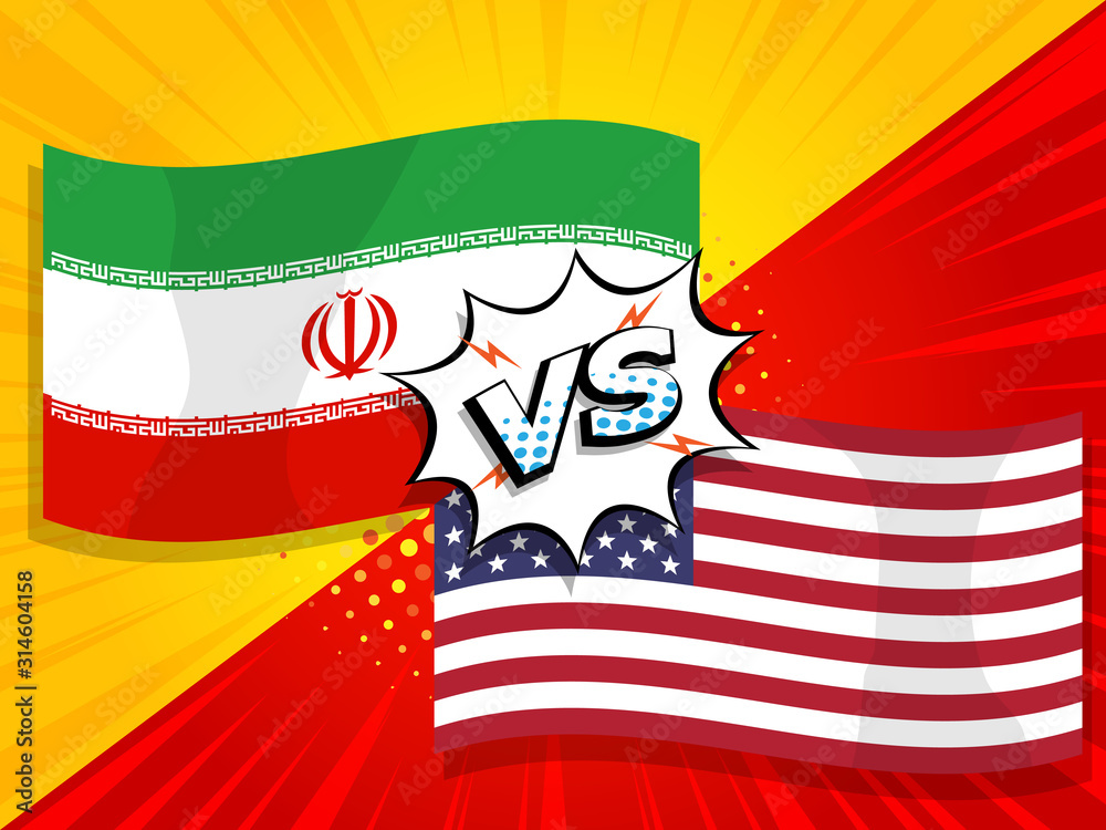 iran versus,vs usa flags with comic background Stock Vector | Adobe Stock
