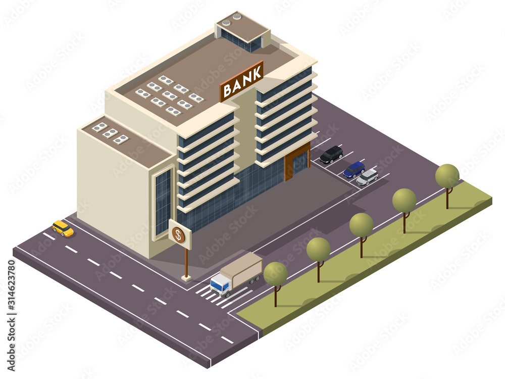 Isometric Bank Building with Signboard and Car Parking Along Transport ...
