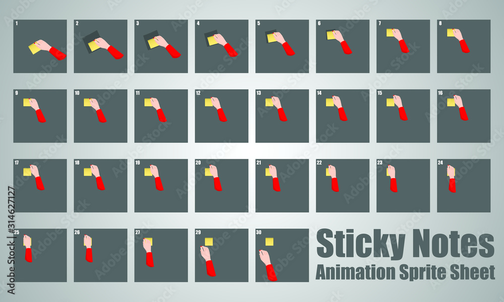 Woman's hand sticking note animation sprite sheet. Yellow sticky note ...