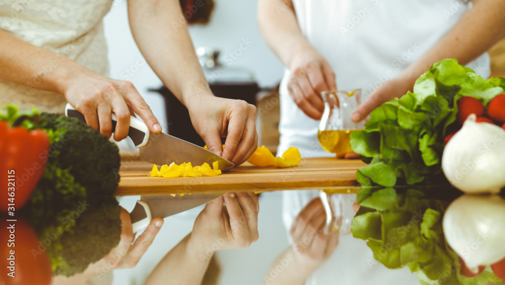 Closeup of human hands cooking in kitchen. Mother and daughter or two ...