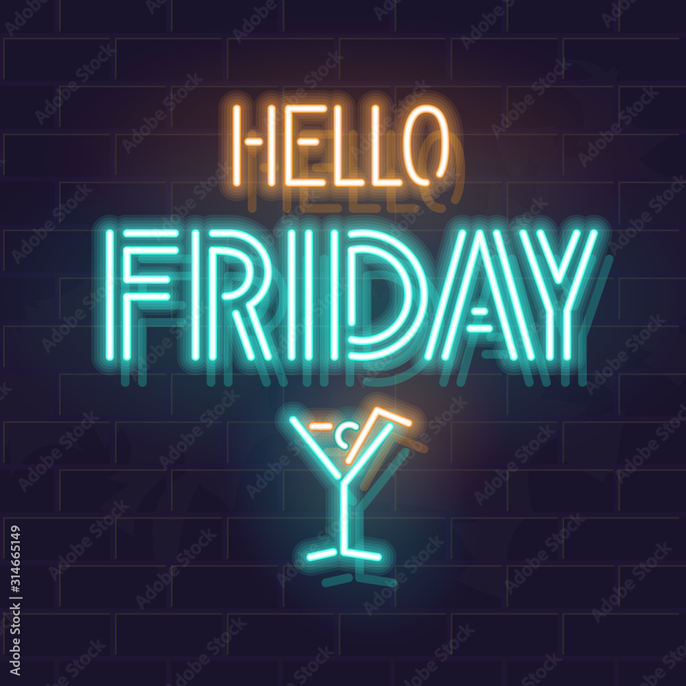 Neon hello friday nightlife typography. Classic martini cocktail icon ...