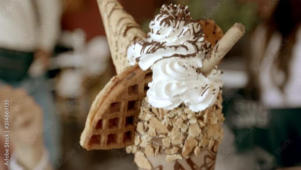 Smoky shake with waffles and ice-cream Stock Video | Adobe Stock